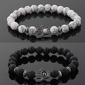 KIKILA 2Pcs Set Handmade Elastic 6mm Beads Hamsa Bracelet Natural Stone Evil Eye Hamsa Fatima Hand Charm Beaded Couples Bracelets Kabbalah Bracelet (Howlite +Lava)