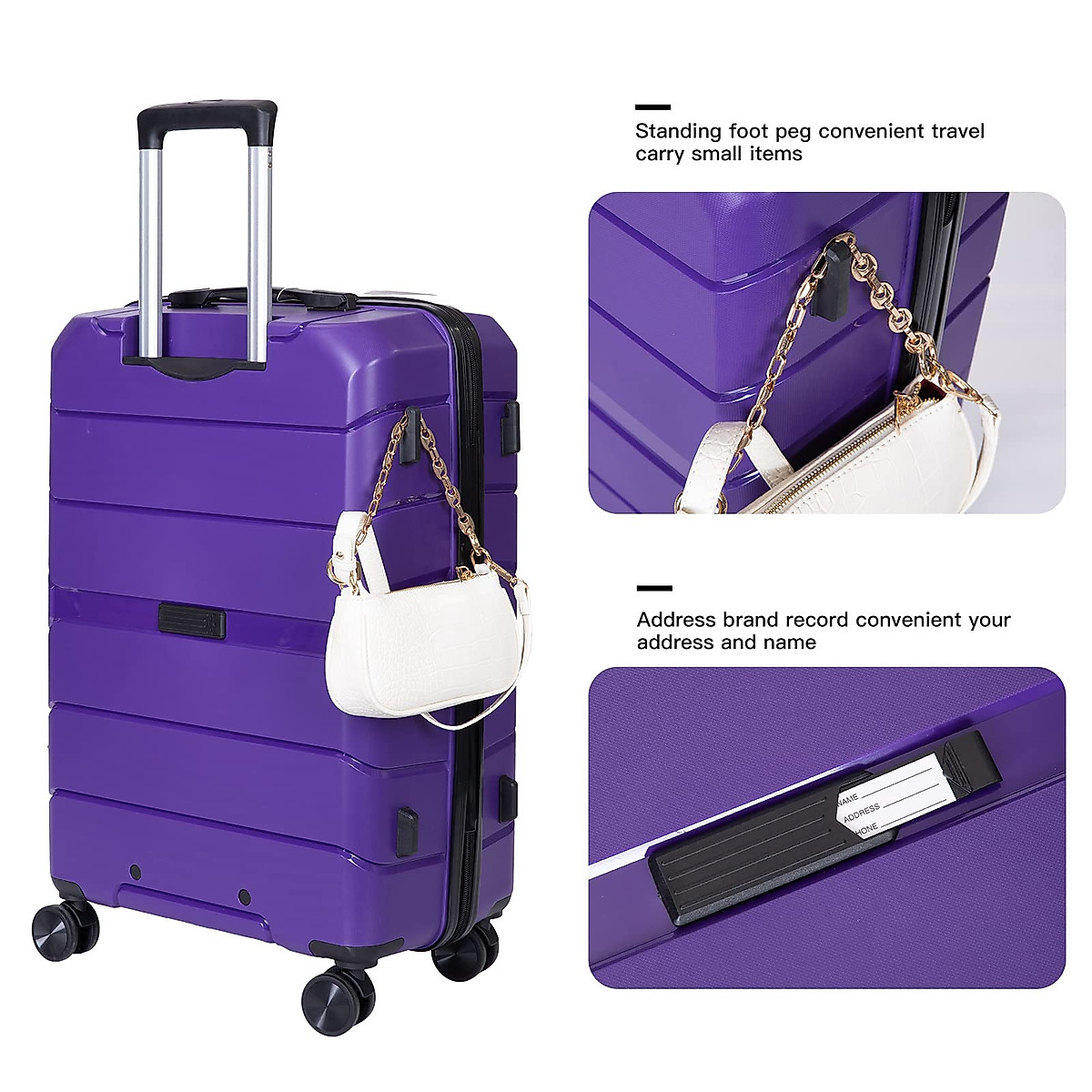 Travelhouse Amalodie Hardshell Upright Spinner Wheel Suitcase Set PP ABS, Lightweight Checked Carry-On Luggage 3-Piece Set with Spinner Wheels TSA Locks 20" 24" 28" (Jet Purple)