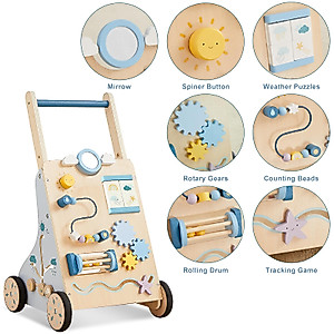 Beright Wooden Baby Walker, Wooden Baby Push Walker, Learning Activity Walker Toys, Baby Push Toy Multiple Activities Center, Gift for Birthday, Christmas and New Year