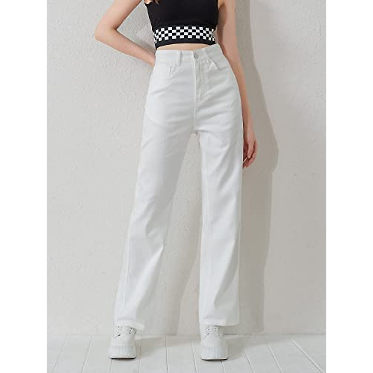 Floerns Women's Casual High Waist Straight Leg Jeans White XS