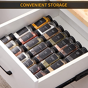 Skiileor 48 Pcs Spice Jars with Label- Glass Spice Jars with Black Metal Caps,Shaker Lids, Funnel, Chalk Pen, Brush,Cleaning Cloth 4oz Seasoning Containers Bottles for Spice Rack, Cabinet, Drawer