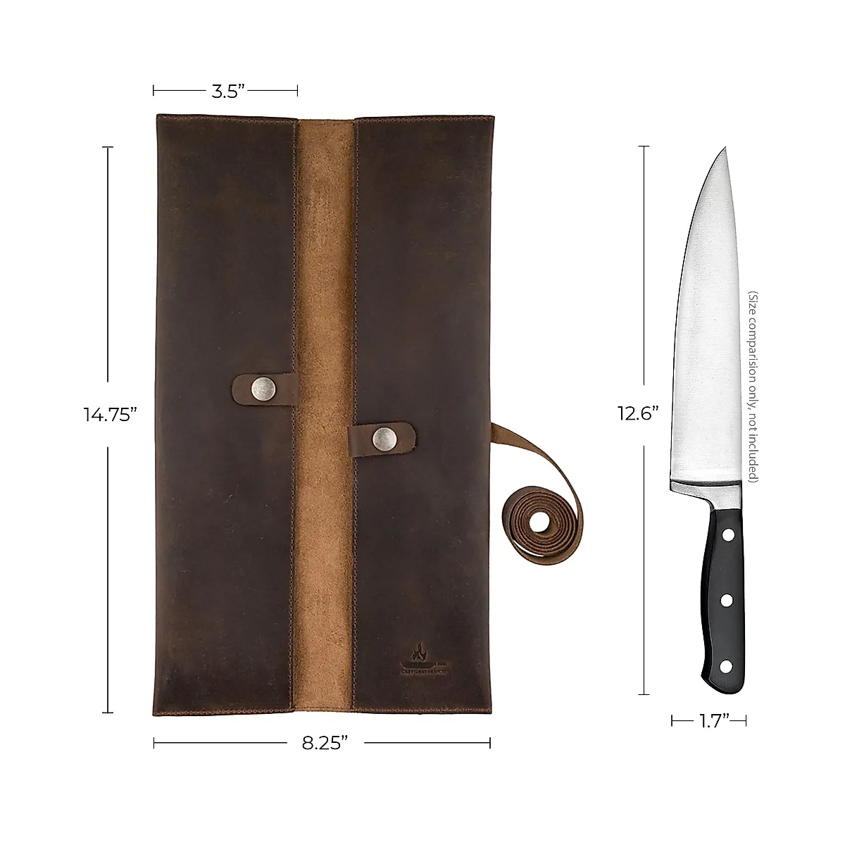 Cast Leather Co., Double Knife Roll for Chefs and Cooks, Vertical Case for Knives, Culinary Accessories, Carry-On Bag for Traveling, Full Grain Leather, Handmade, Bourbon Brown