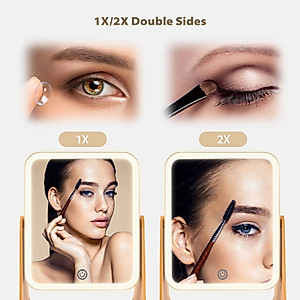 Canyfne Lighted Makeup Mirror, 360°Rotation Makeup Mirror, Double Sided 1x/2x Magnifying with Touch Screen Adjustable Brightness LED Light, Portable Tabletop Mirror for Make Up, Rechargeable Mirror