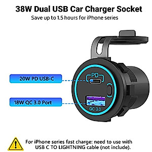 2 Pack USB C Car Charger Socket 12V USB Outlet, Qidoe 38W PD & QC3.0 Dual USB Port with Power Switch and 59'' Wire Waterproof RV USB Socket 12V Power Outlet for Car Boat Marine Golf Cart RV Motorcycle