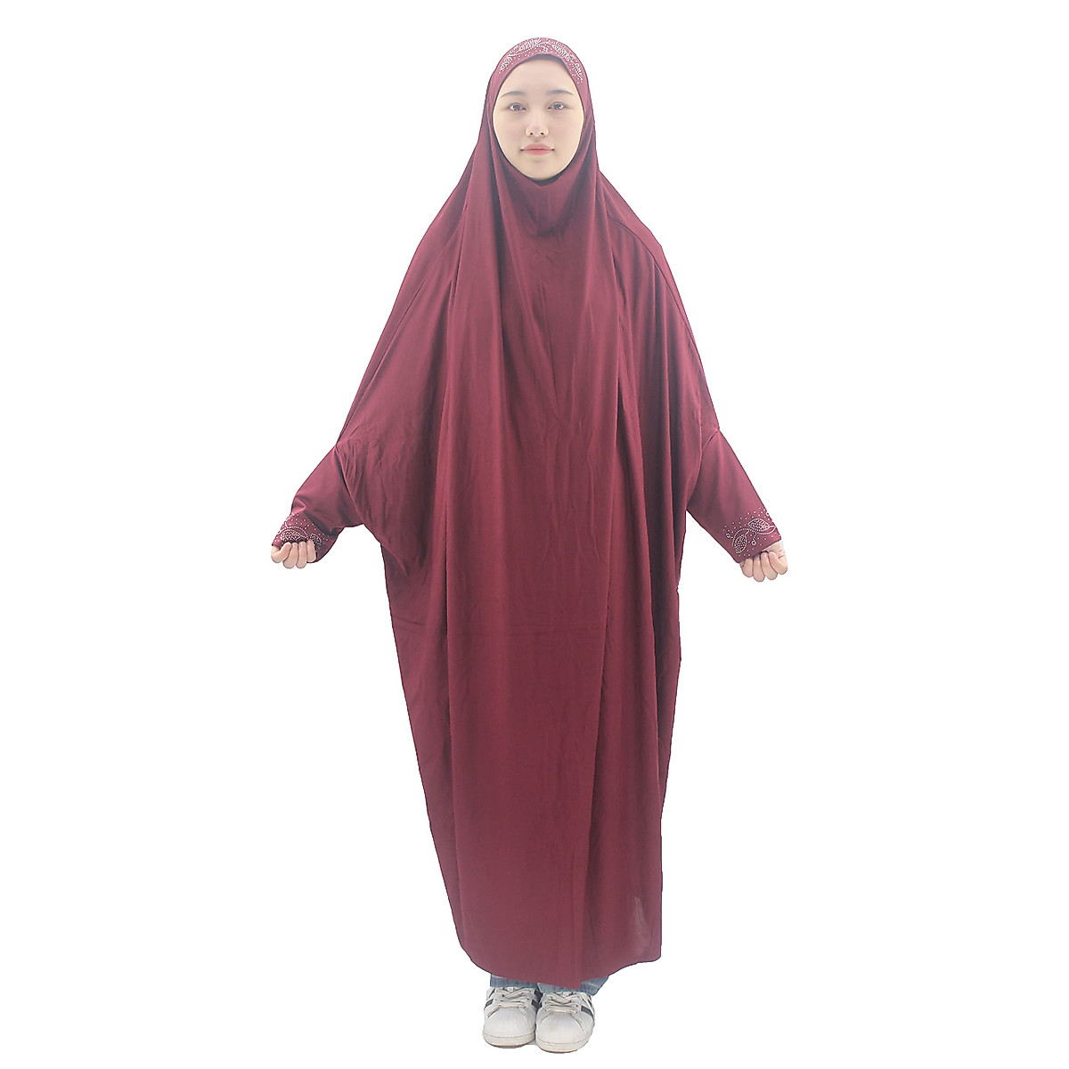 Cogongrass Women's One-Piece Prayer Dress Prayer Garment Abaya Jellaba Islamic Clothing Hijab for Hajj Umrah Wine Red