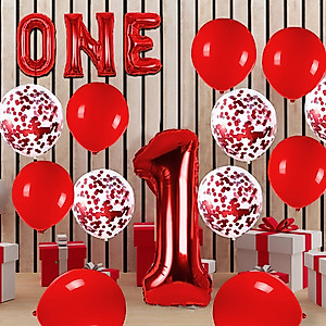 Large - Red One Balloon for First Birthday, 40 Inch Number 1 Balloon, Red 1st Birthday Balloons, Confetti Balloons, Red 1 Balloon 1st Birthday Decorations for Boys, 1 Year Old Balloon