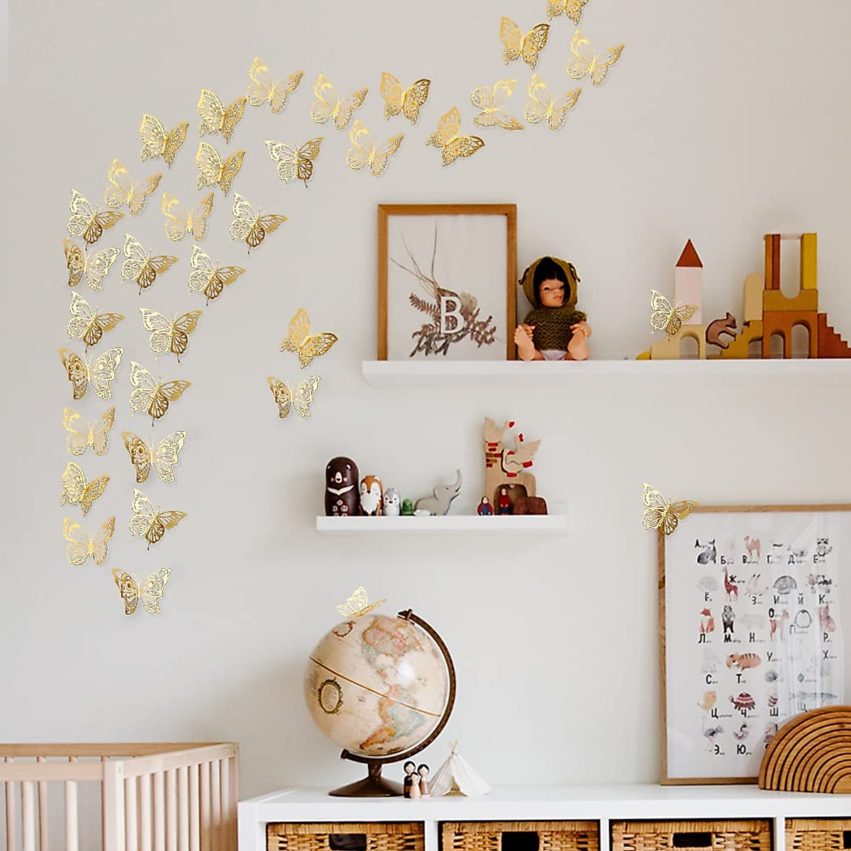 72 pcs 3D Butterfly Wall Decor Stickers, Gold Butterfly Party Decorations Butterfly Wall Decals Butterfly Bedroom Classroom Wedding Cake Balloon Baby Shower Decor Aesthetic for Girl,4 Styles 3 Sizes