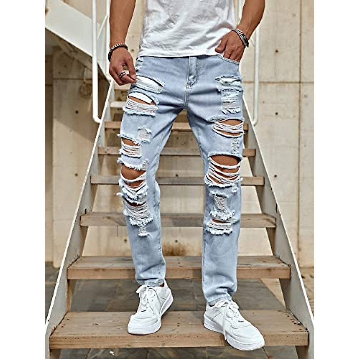 WDIRARA Men's High Waisted Ripped Skinny Jeans Long Denim Pants with Pocket Light Wash S
