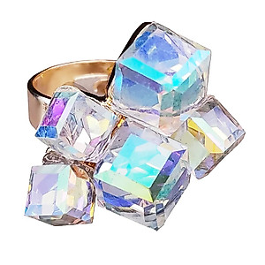 Boho Square Crystal Statement Ring for Women Girls Gold Plated Adjustable Expandable Promise Engagement Geometric Rings Comfort Fit Elegant Art Deco Birthday Christmas Cocktail Party Y2K Jewelry Gift