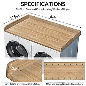 Washer Dryer Countertop, Laundry Countertop, Bamboo Washer and Dryer Covers for The top, 27.5" Depth x 54" Width with Edge Rails for Laundry Room Organization (Natural)