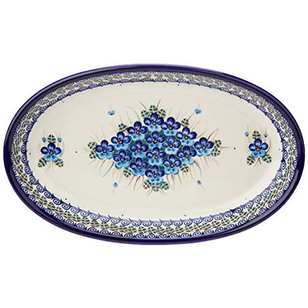Polish Pottery Ceramika Boleslawiec Platter Karp Cups, Royal Blue Patterns with Blue Pansy Flower Motif, 14-1/8-Inch by 8-7/8-Inch