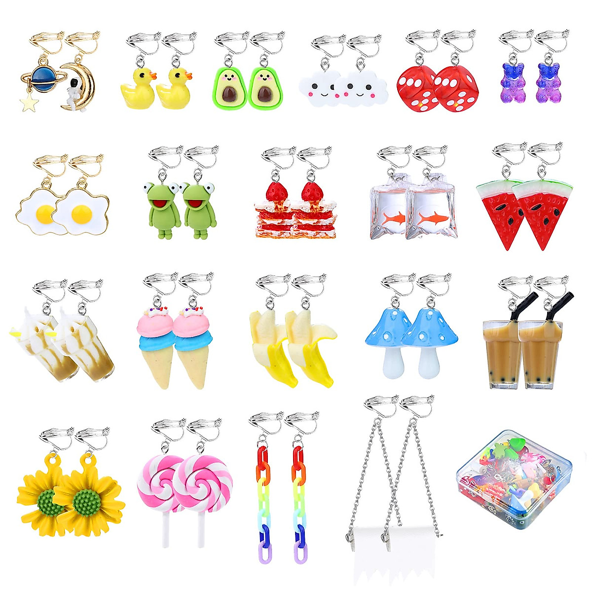 JOERICA 20Pairs Weird Clip On Earrings Funny Drop Dangle Earrings for Women Frog Flower Mushroom Butterfly Strawberry Goldfish Earrings, Stainless Steel, Cubic Zirconia