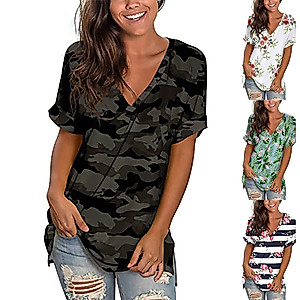 wodceeke Women's Top Short-Sleeved V-Neck Camouflage T-Shirt Casual Loose Summer Tee Sports Top (Green, L)