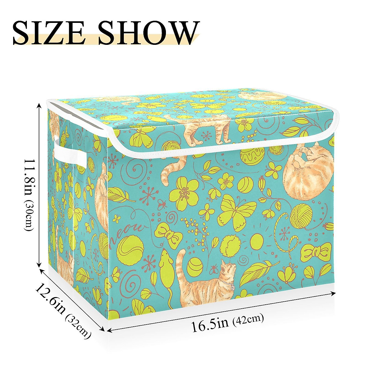 senya Large Collapsible Storage Bins with Lids, Cats on Turquoise Background Storage Baskets Organizer Containers with Handles for Nursery Clothes Toys