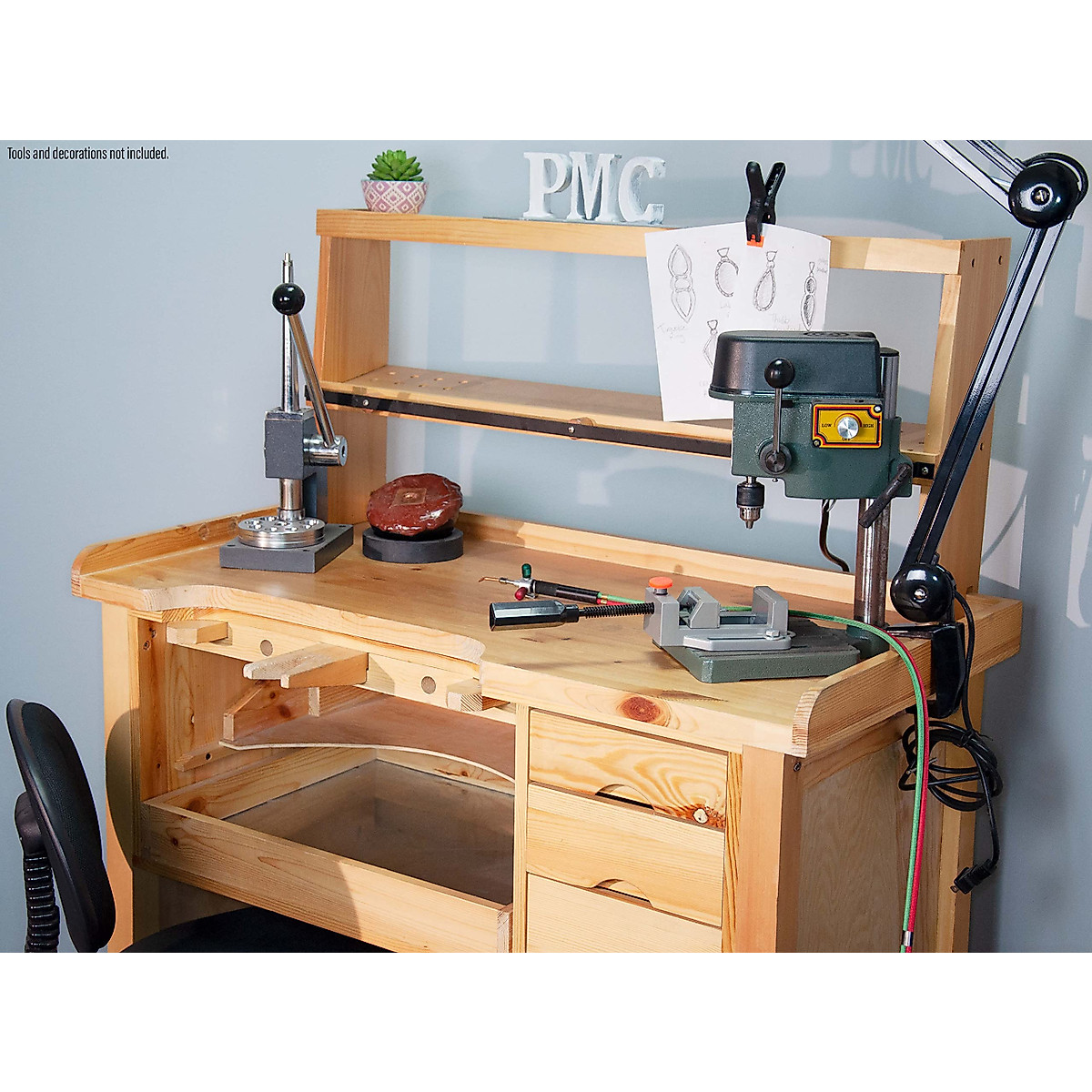 Deluxe Solid Wooden Jewelers Bench Set with Mountable Storage Shelf Organizer Tool Rack Jewelry Making Studio Kit