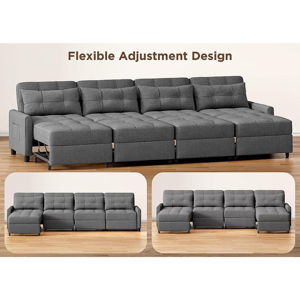 Aiho Pull Out Couch - 4-Seater Sectional Sleeper Sofa, Convertible with Adjustable Backrest & Spring Support for Living Room, Dark Grey