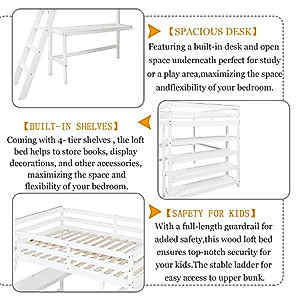 Harper & Bright Designs Full Size Loft Bed with Desk Underneath Full Loft Bed with Shelves and Ladder, Wood Loft Bed Full for Kids Girls Boys,White
