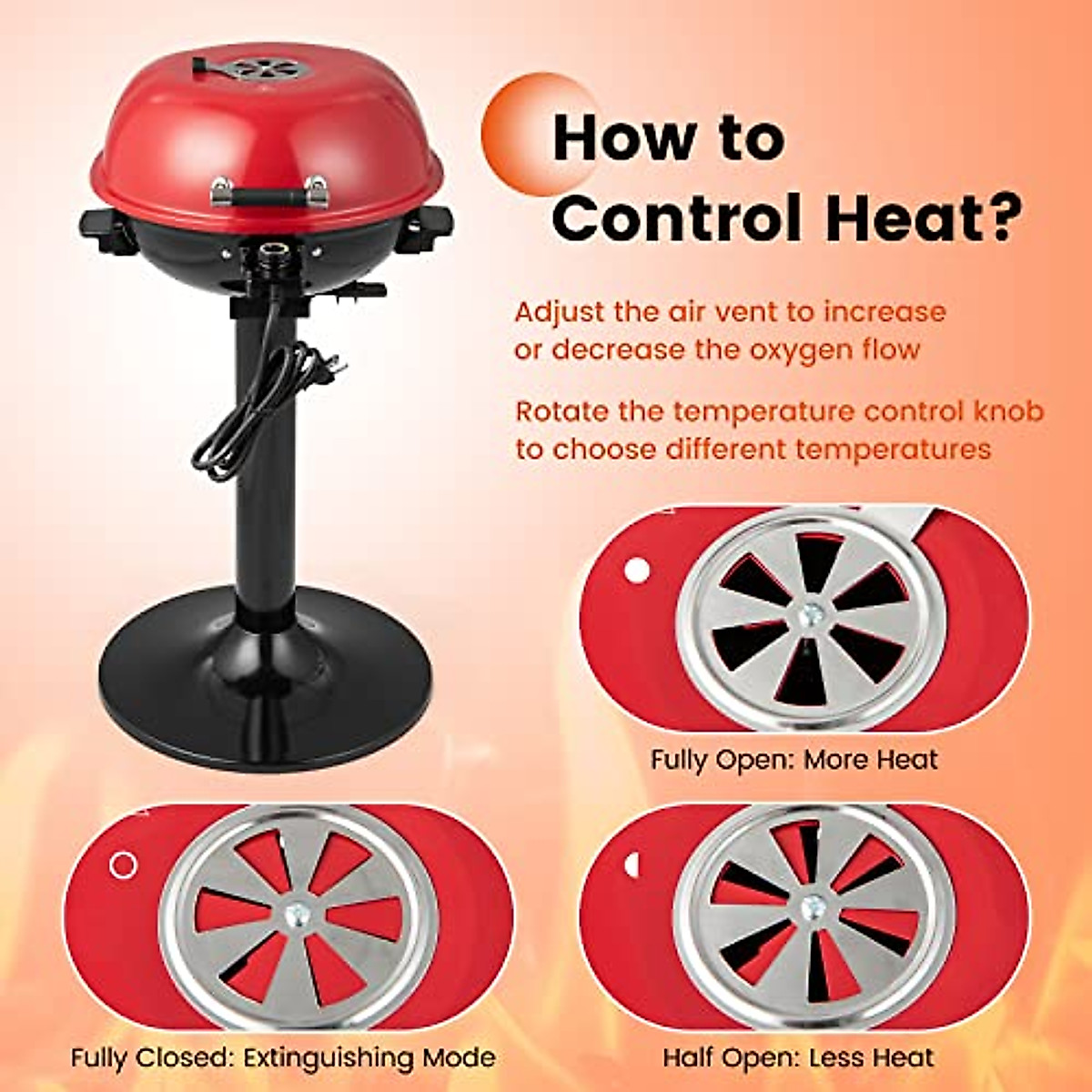 COSTWAY Portable Electric Grill, with Warming Tray, 1600W Heating Element, Adjustable Temperature Control & Removable Grease Tray, Sturdy Stand, Indoor & Outdoor BBQ Grill for Patio & Backyard (Red)