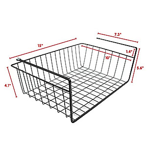 Tebery 2 Pack Black Under Shelf Wire Basket, Hanging Storage Baskets Under Cabinet Add-on Storage Racks, Slide-in Baskets Organizer for Kitchen Pantry Desk Bookshelf
