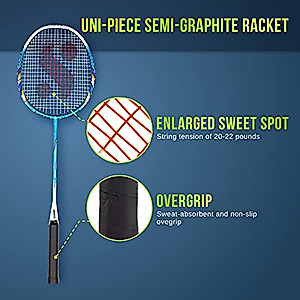 Silver’s 4 Player Uni-Piece Semi-Graphite Badminton Racket Set | Includes 4 Rackets, 2 Badminton Bags, 6 Nylon Shuttlecocks and 2 Extra Replacement Overgrip Tapes.