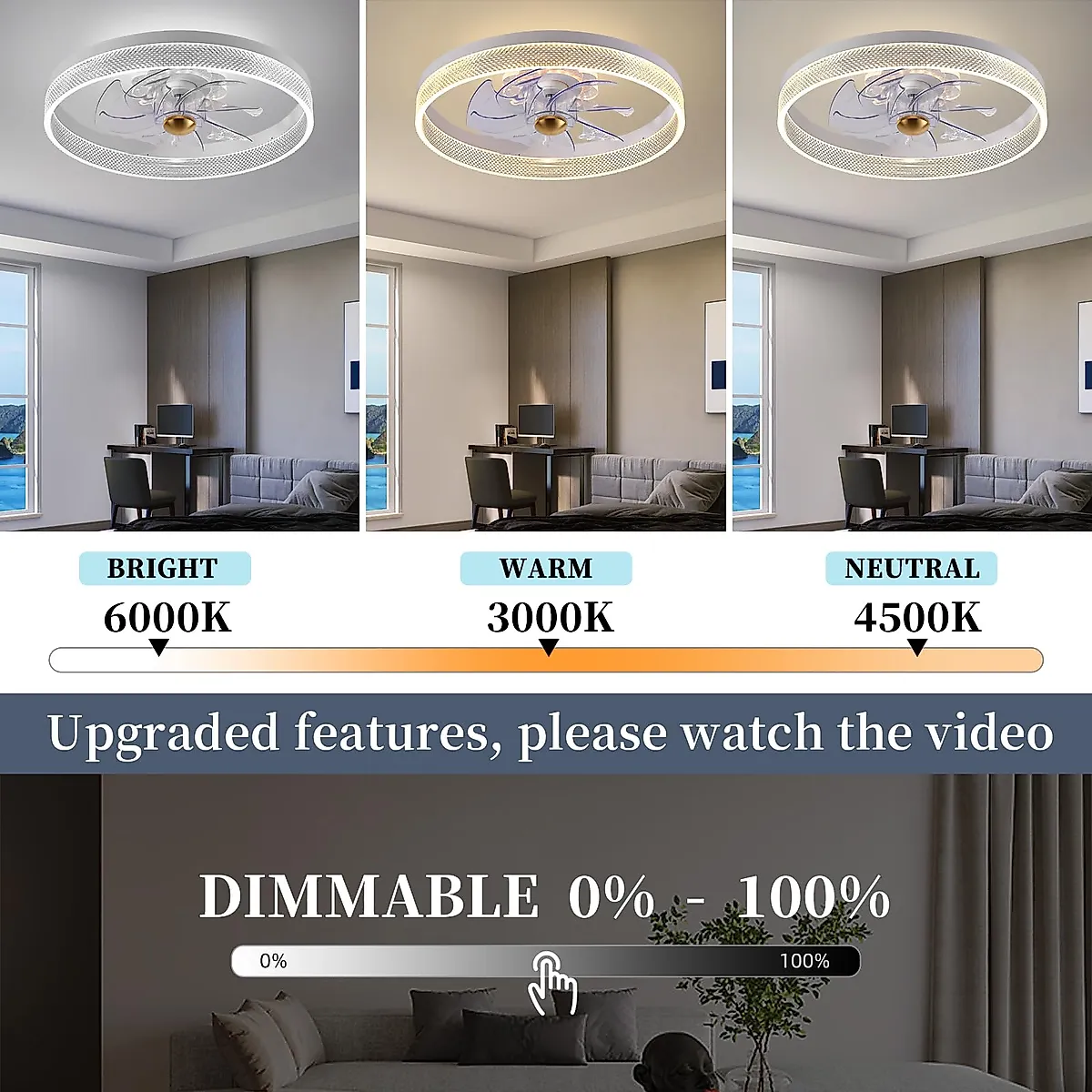 Fszdorj 20‘’ Ceiling Fan with Light, 2024 Upgraded, Low Profile Fan, Flush Mount Ceiling Fan, 6 Speeds, Dimmable LED, App & Remote Control, Quiet DC Motor, For Bedroom, Living Room, F093 White