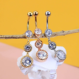 COCHARM Gold Dangling Belly Button Rings 14g Stainless Steel Belly Piercing Long CZ Dangly Navel Rings for Women Dangle Belly Bar