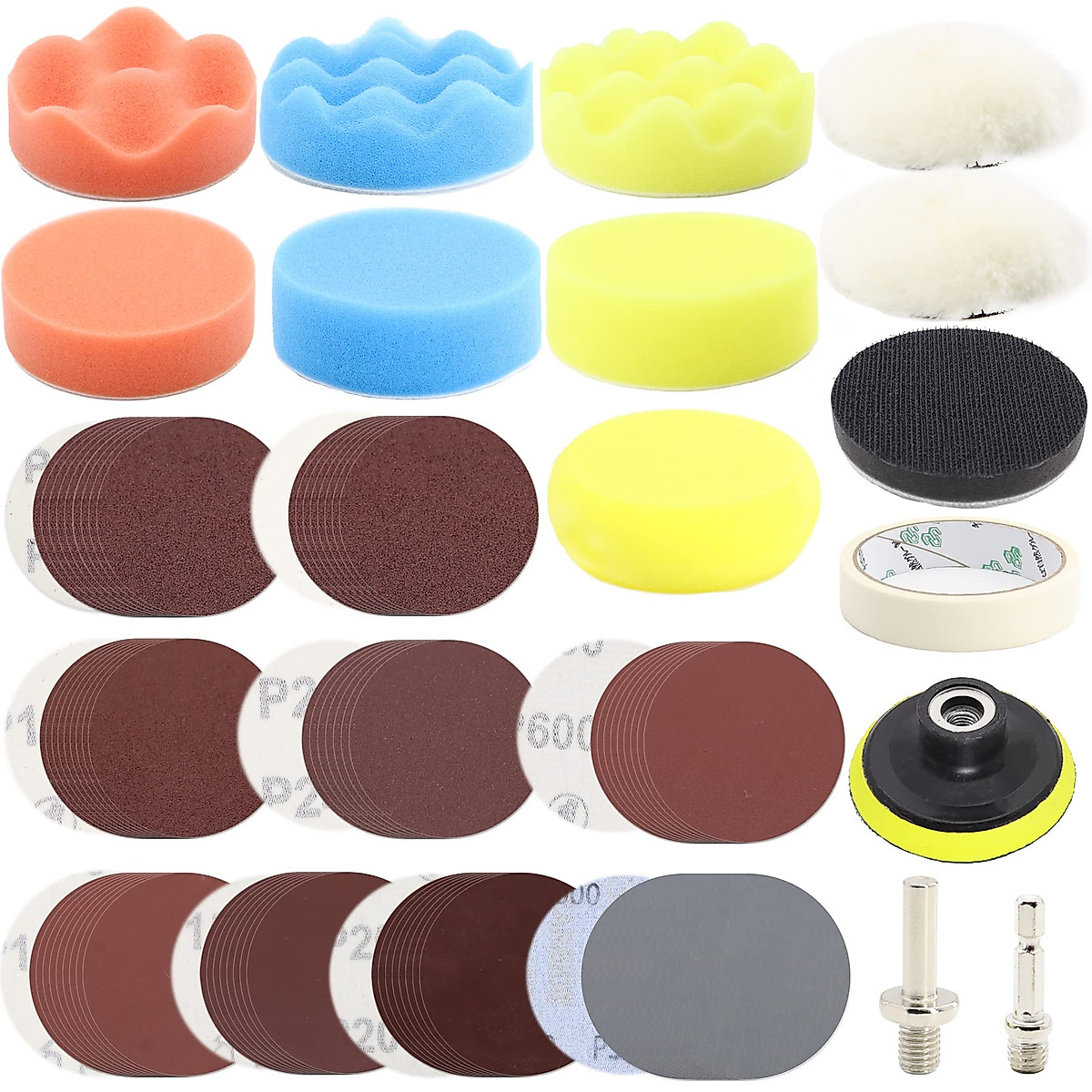 104PCS Car Foam Drill Buffing Pads 3Inch Car Headlight Restoration Kit Sanding Discs with M10 Backing Pad, Wool Buffing Polishing Pad, Sponge Buffing Pad, Interface Pad for Car Washing Cleaning Waxing