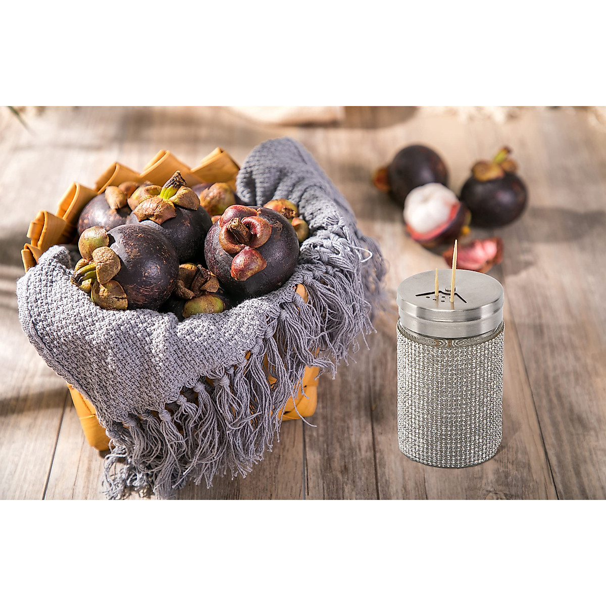 LuckyMao Bling Toothpick Holder Bling Portable Pill Container Silver Glitter Sparkle Toothpick Dispenser Glass Rhinestone Toothpick Holder Seasoning Bottle for Home Living Room