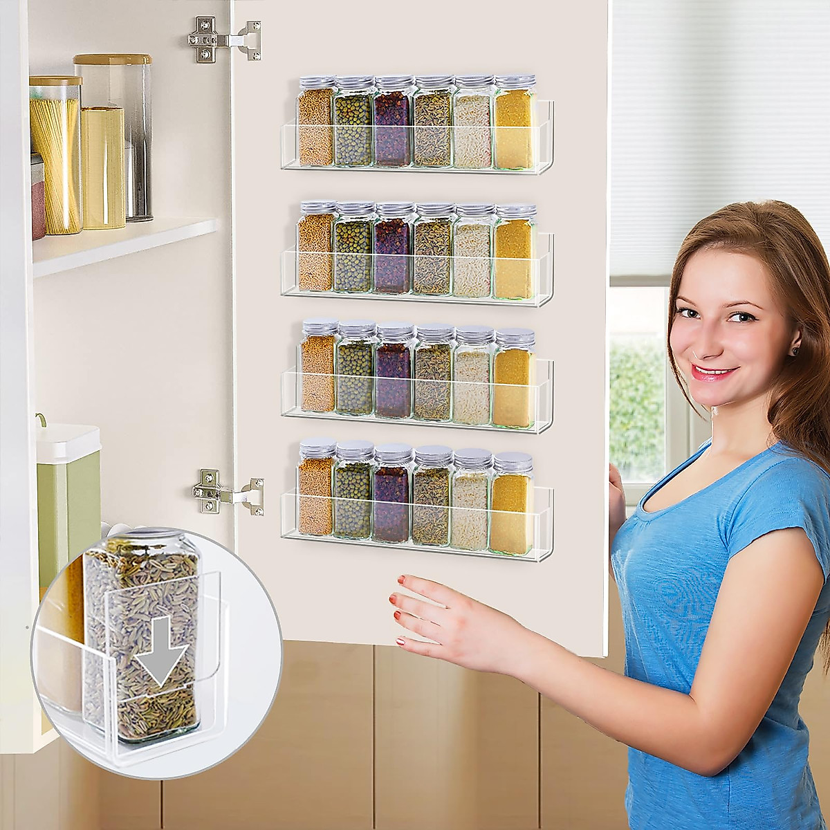 GTJ Acrylic Shelves, 4-Pack Spice Rack Wall Mount, Clear Book Shelves for Wall, Spice Organization, Vinyl Wall Mount, Cabinet, Pantry Door, Kitchen, Bedroom, Self-Adhesive and Drilling