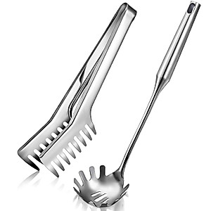 Patelai 2 Pcs Stainless Steel Pasta Spoon with Teeth Large Spaghetti Spoon Utensil, 9.4'' Pasta Tong and 13.6'' Pasta Fork with Vacuum Handle, Comfortable Grip Design Spoons for Kitchen(Silver)