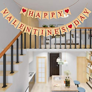 Happy Valentines Day Banner Valentine’s Day Decorations Glitter Heart Burlap Bunting Photo Props for Homes Stores Schools Valentine Day Party Decoration Assembled