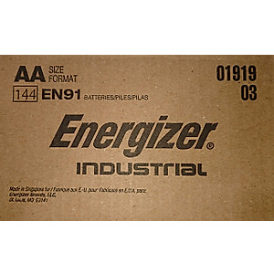 Energizer EN91 Industrial Alkaline Batteries, AA (Box of 144 Batteries) - Made in The USA or Singapore