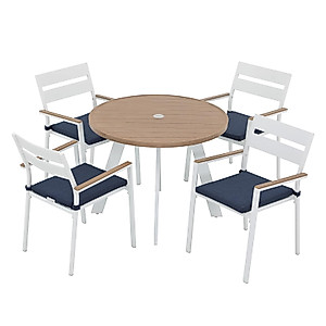 JOIVI 5 Piece Outdoor Dining Set, Aluminum Patio Furniture Dining Table and Stackable Chairs Set for 4 People, 2.05” Umbrella Hole with Wood Grain Tabletop, for Deck, Backyard, Navy Blue Cushions