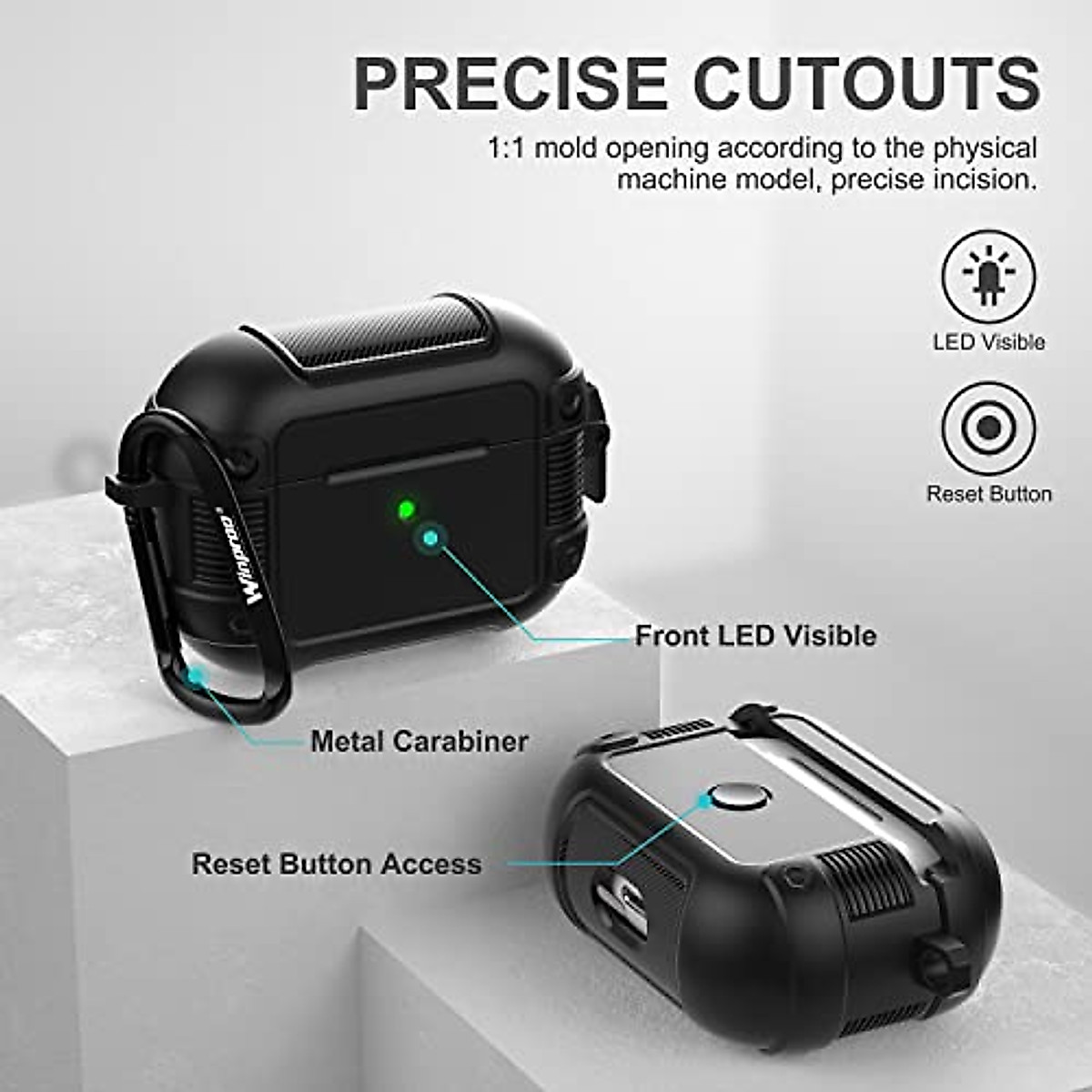 Winproo Armor Airpods Pro Case Cover with Lock Clip, Military Hard Shell Full-Body Shockproof Protective Case Skin with Keychain for Airpods Pro [Black]