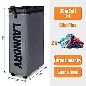 Caroeas 30" Rolling Laundry Basket Slim with Handle on Wheels, Foldable Laundry Hamper, Collapsible Laundry Bag and Organizer, Tall Thin Storage Basket Bin (Dark Grey)
