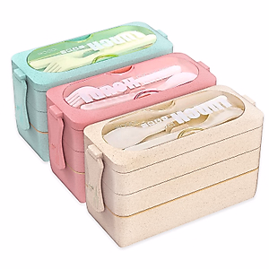 Yesland 3 Packs Bento Box, Japanese Lunch Box with Divider, Wheat Straw 3-In-1 Compartment Stackable Lunch Containers Meal Prep Containers for Kids and Adults (Green/Pink/Beige)