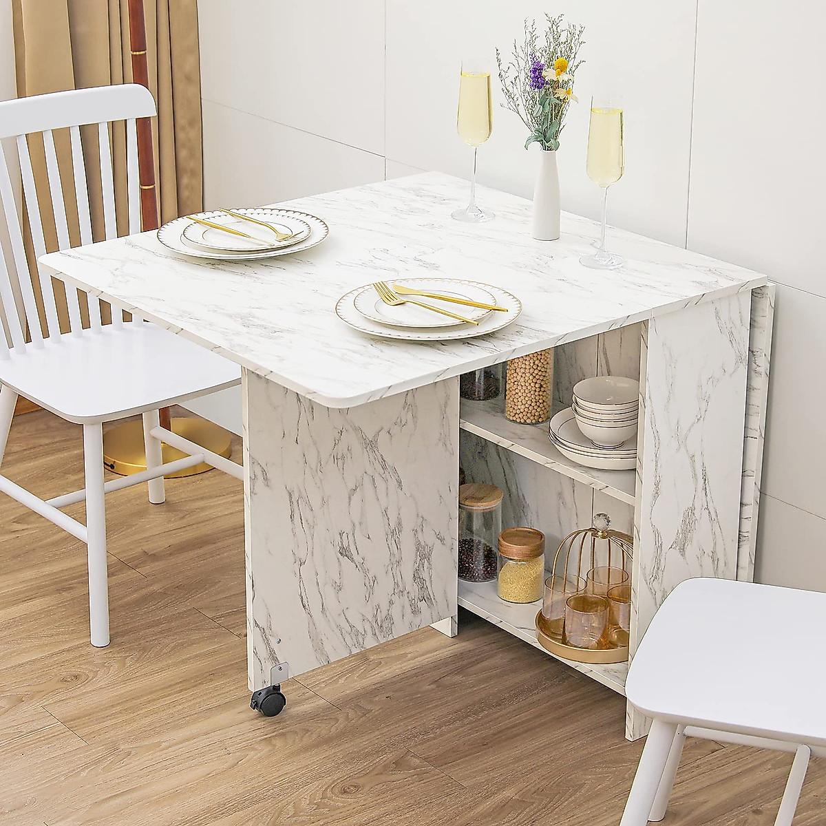 VANSPACE Folding Dining Table Drop Leaf Table for Small Spaces with Storage Racks Multifunction Space Saving Table Extension Dinner Table for Kitchen Bedroom Dining Room White Marble