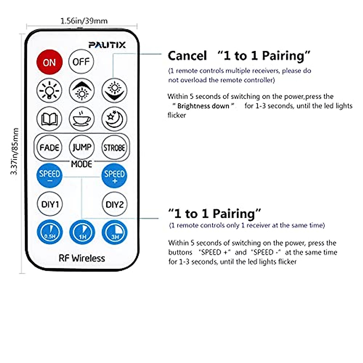 PAUTIX RF Remote Dimmer for Single Color LED Strip Lights,18-Key Wireless Remote and in-line Controller DC 5-24V for 3528/2835/5050/COB LED Tape Lights,Timer Function