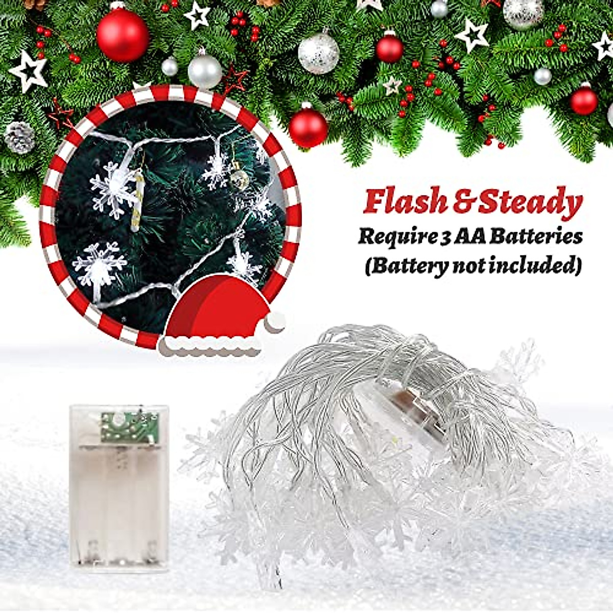 Christmas Lights Snowflake String Lights 19.6 ft 40 LED Fairy Lights Winter Wonderland Lighted Decor for Xmas Garden Patio Bedroom Party Decor Battery Operated Indoor Outdoor Celebration Lighting