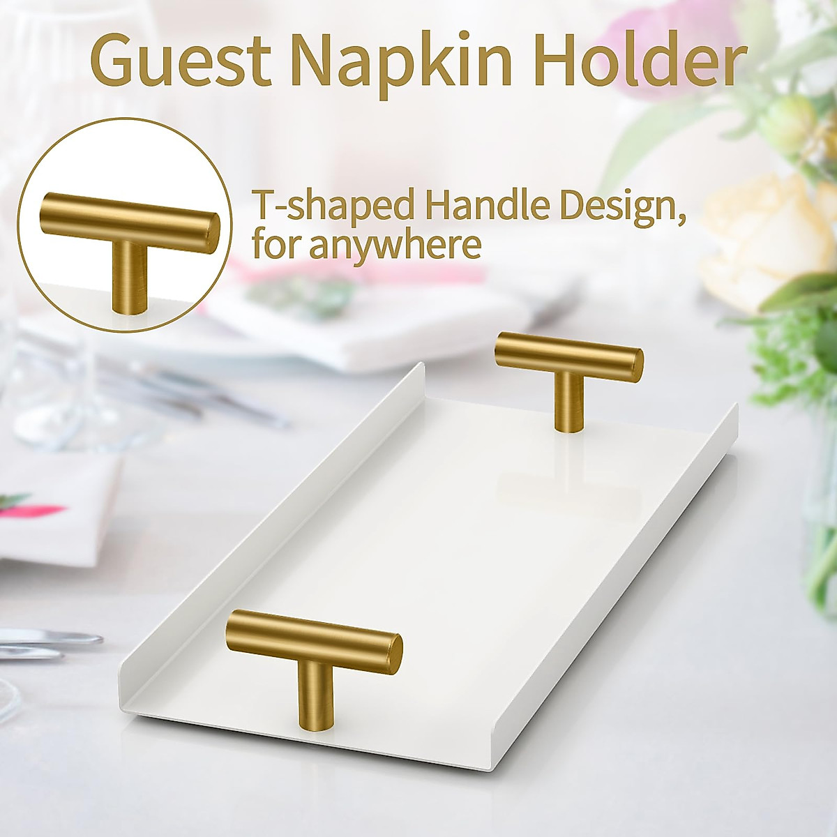 STWWO Napkin Holder for Bathroom, Guest Towel Holder Tray for Bathroom, White Guest Napkin Holders with Golden T-Handle, Disposable Hand Towel Tray for Guest Room, Table, Kitchen