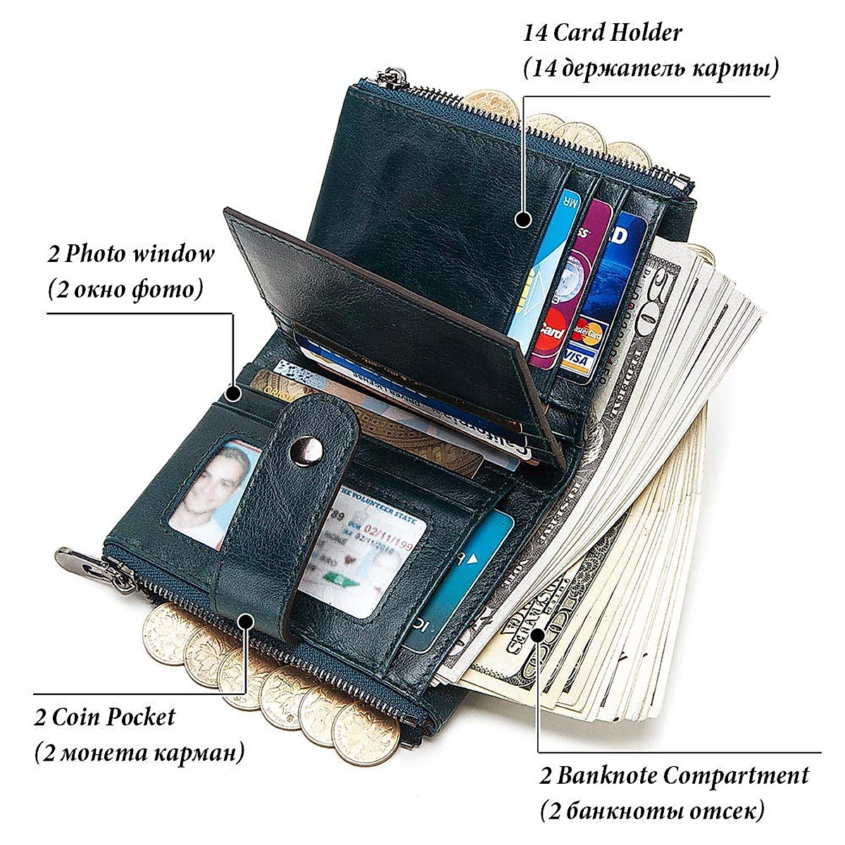 HARPIMER Womens Purse Leather Wallet RFID Blocking Ladies Purses with with Coin Pocket 16 Card Holder (Blue)