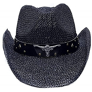 Black Straw Cowboy Hat for Men, Faux Leather, Longhorn, Shapeable Brim