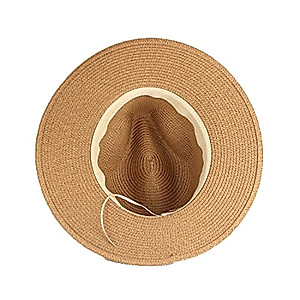 Womens Classic Wide Brim Straw Panama Hat Fedora Summer Beach Sun Hat UPF Straw Hat for Women Khaki