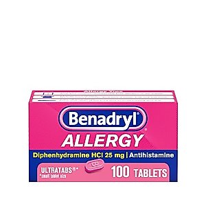 Benadryl Ultratabs Antihistamine Allergy Relief Medicine, Diphenhydramine HCl Tablets for Relief of Cold & Allergy Symptoms Such as Sneezing, Runny Nose, & Itchy Eyes & Throat, 100 ct