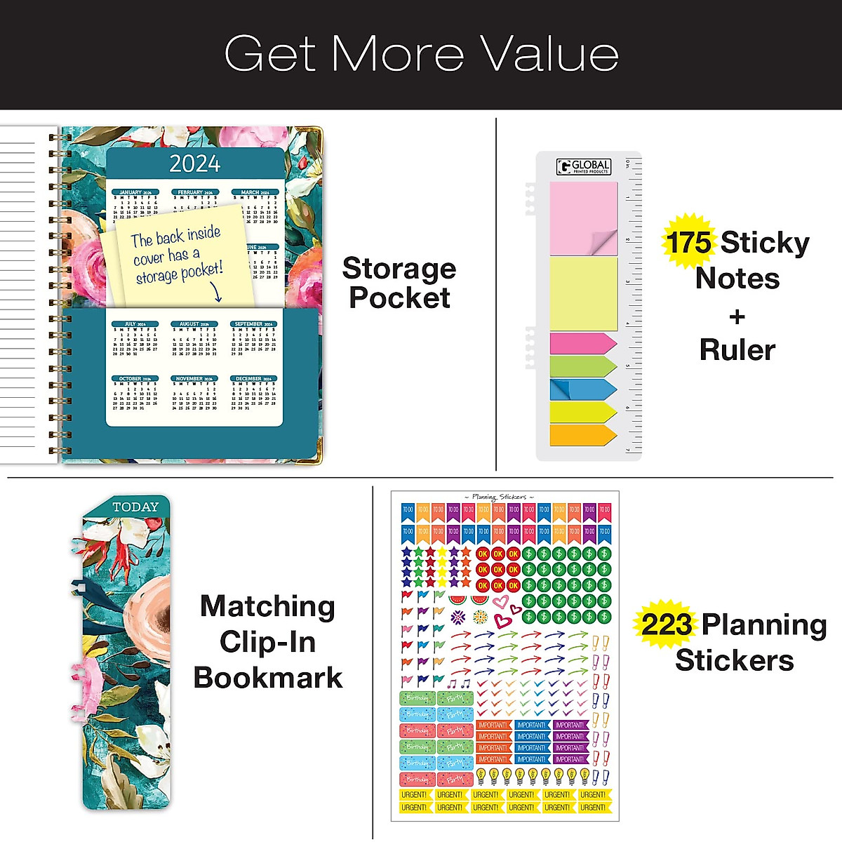 HARDCOVER 2023 Planner: (November 2022 Through December 2023) 8.5"x11" Daily Weekly Monthly Planner Yearly Agenda. Bookmark, Pocket Folder and Sticky Note Set (Teal Floral)