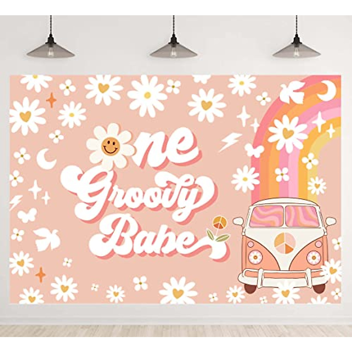One Groovy Happy Birthday Backdrop for Girls Retro Boho 1st Birthday Party Photo Background Girl Daisy Floral Happy 1st Birthday Newborn Baby Party Decorations Cake Table Banner 5x3ft