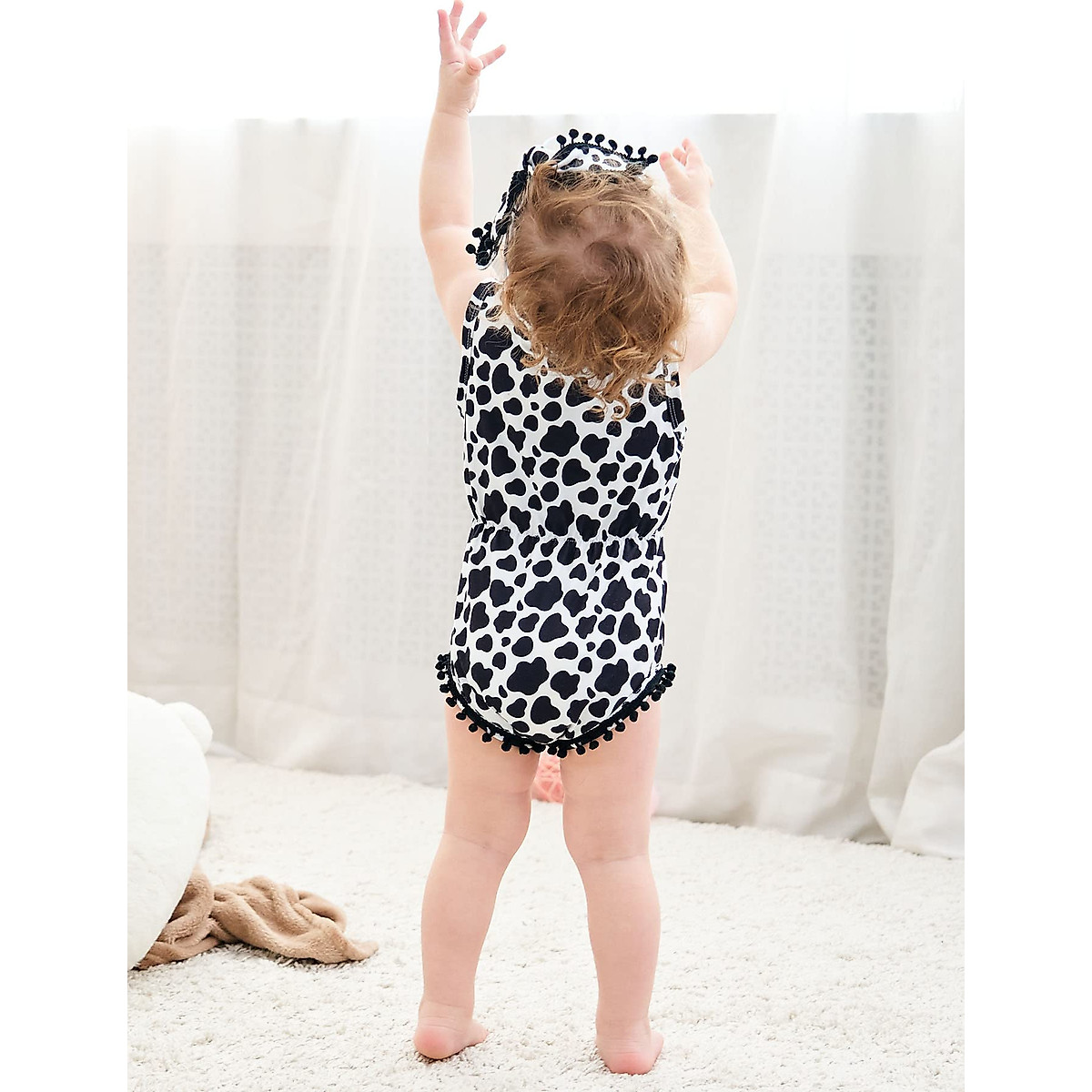 Ahegao Infant Girls Cow Print Rompers for Toddlers Cute Black and White Dots Bodysuits Crewneck Buttons Snap Design Jumpsuits with Tassel Kids Boy Casual Sleeveless Outfits Lovely Clothes, 3-6 Months