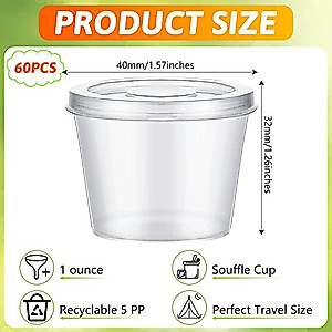 60 Pack Plastic Condiment Souffle Containers with Attached Lids 1 oz, Mini Sauce Cups Jelly Shot Cups Leak Proof Portion Cup Small Disposable Souffle Cups with Lids for Salad Dressing Sauces