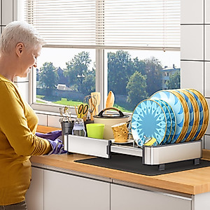 Dish Drying Rack, Aluminium Rustproof Expandable (14.9''-22.3'') Kitchen Counter Dish Rack with Drainboard, Dish Drainer with Drying Mat Utensil Holder Sink Caddy, Silver Grey