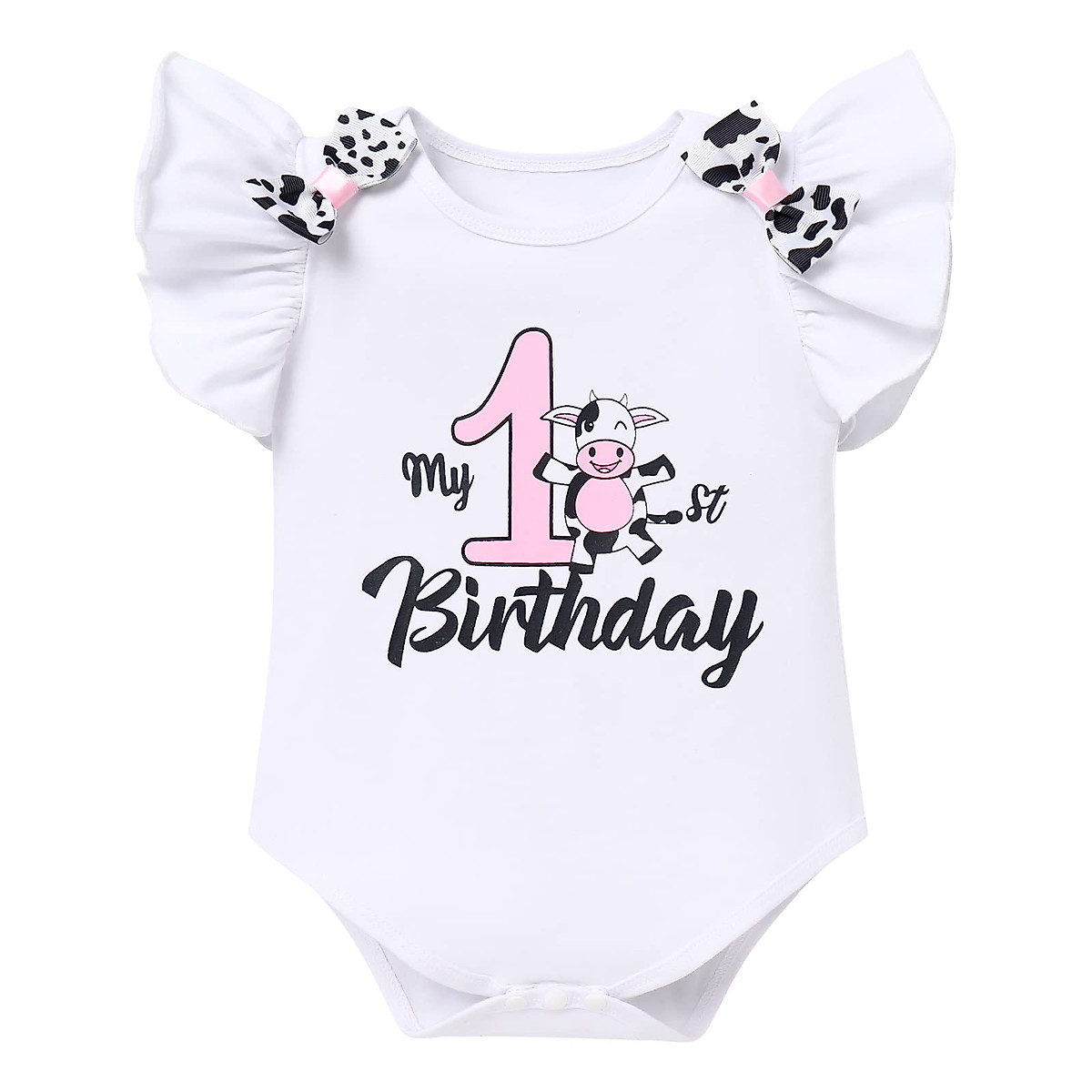 Cow Themed First Birthday Girl Outfit Romper Tutu Skirt Headband Cake Smash Photoshoot Toddler Baby Cows Print My 1st Birthday Outfit Farm Animals Party Supplies Infant Halloween Costume Pink 1T